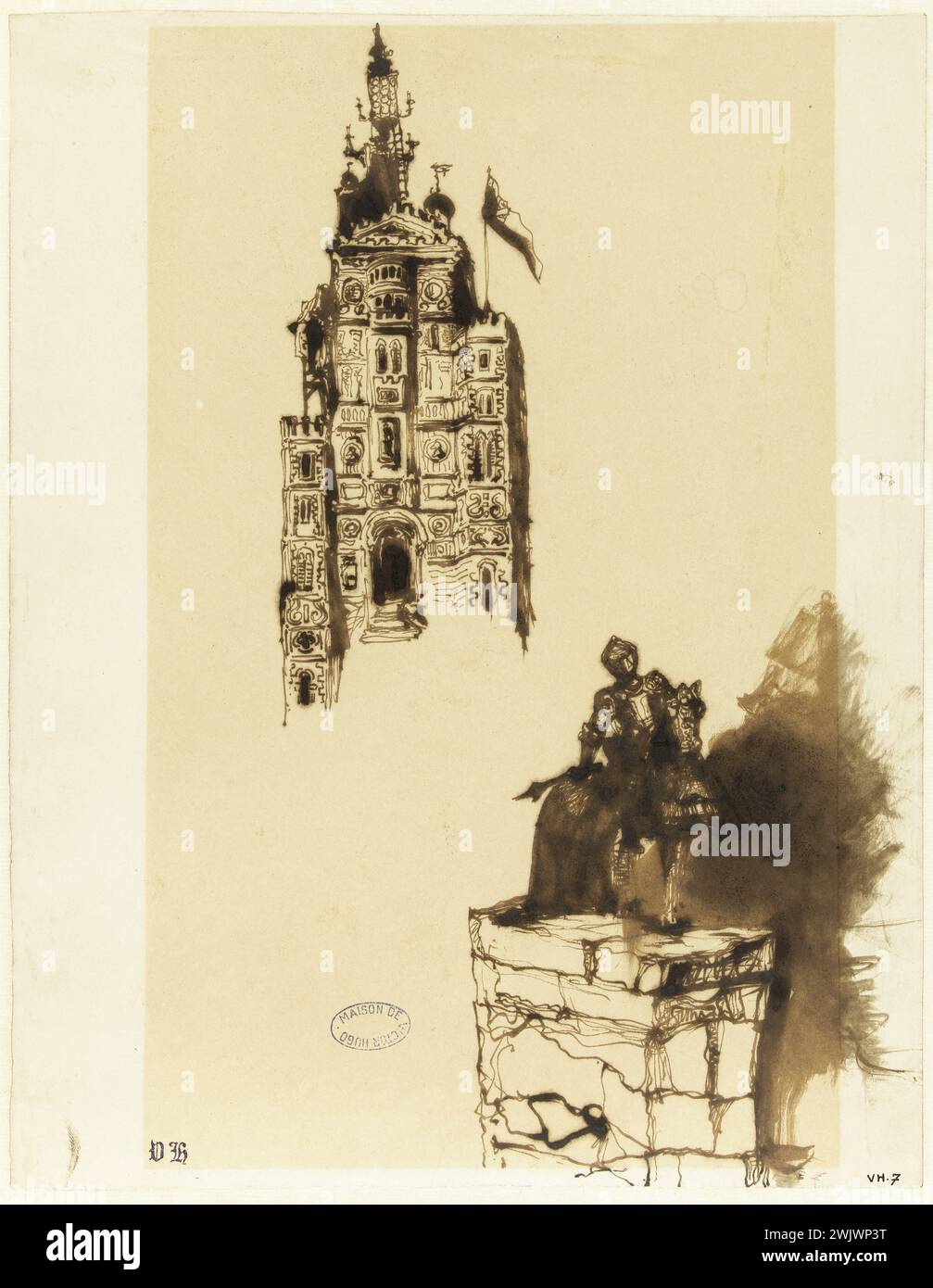 Victor Hugo (1802-1885). "Equestrian statue and dungeon". Brown ink pen ...