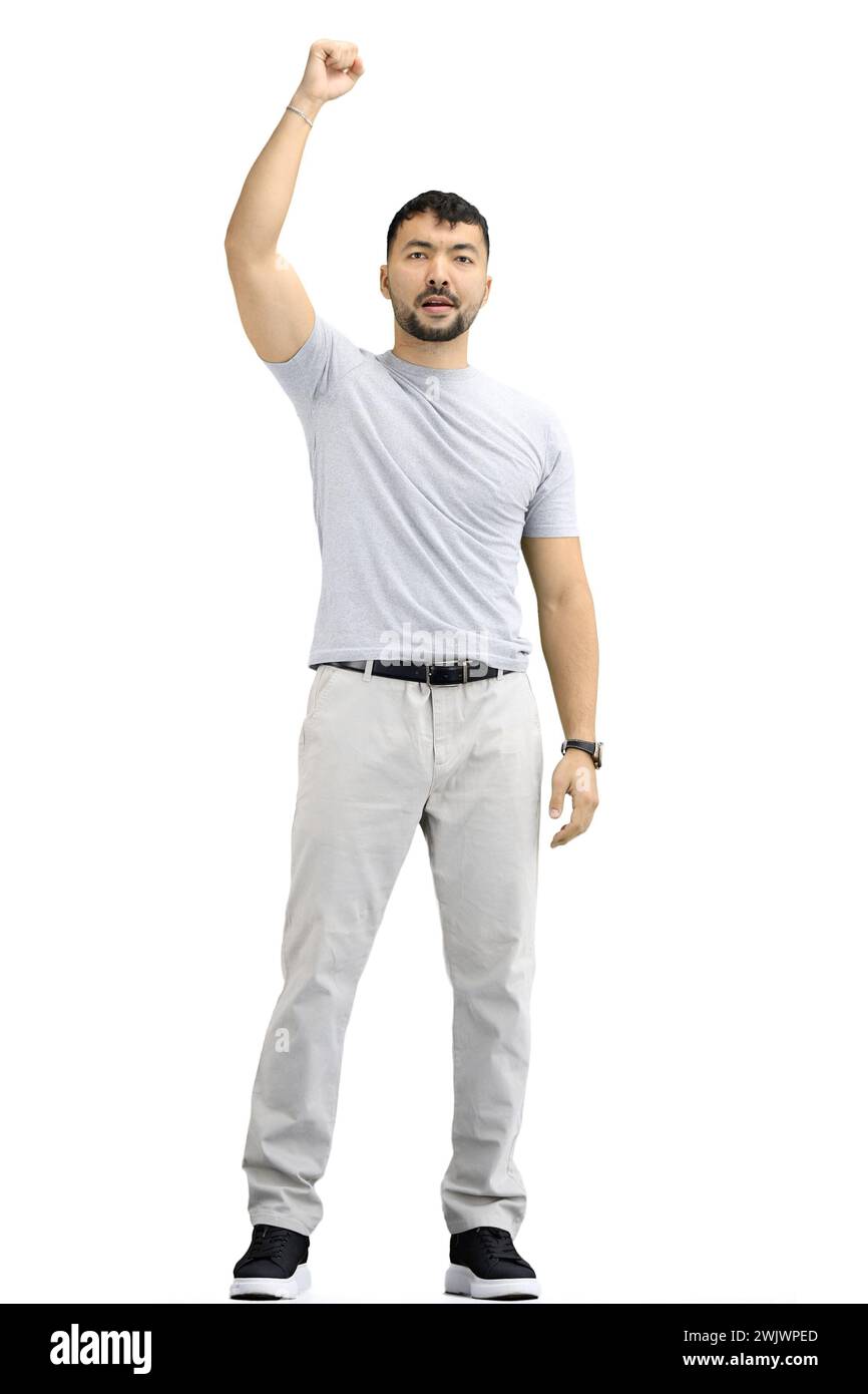 A man, on a white background, in full height, rejoices Stock Photo - Alamy