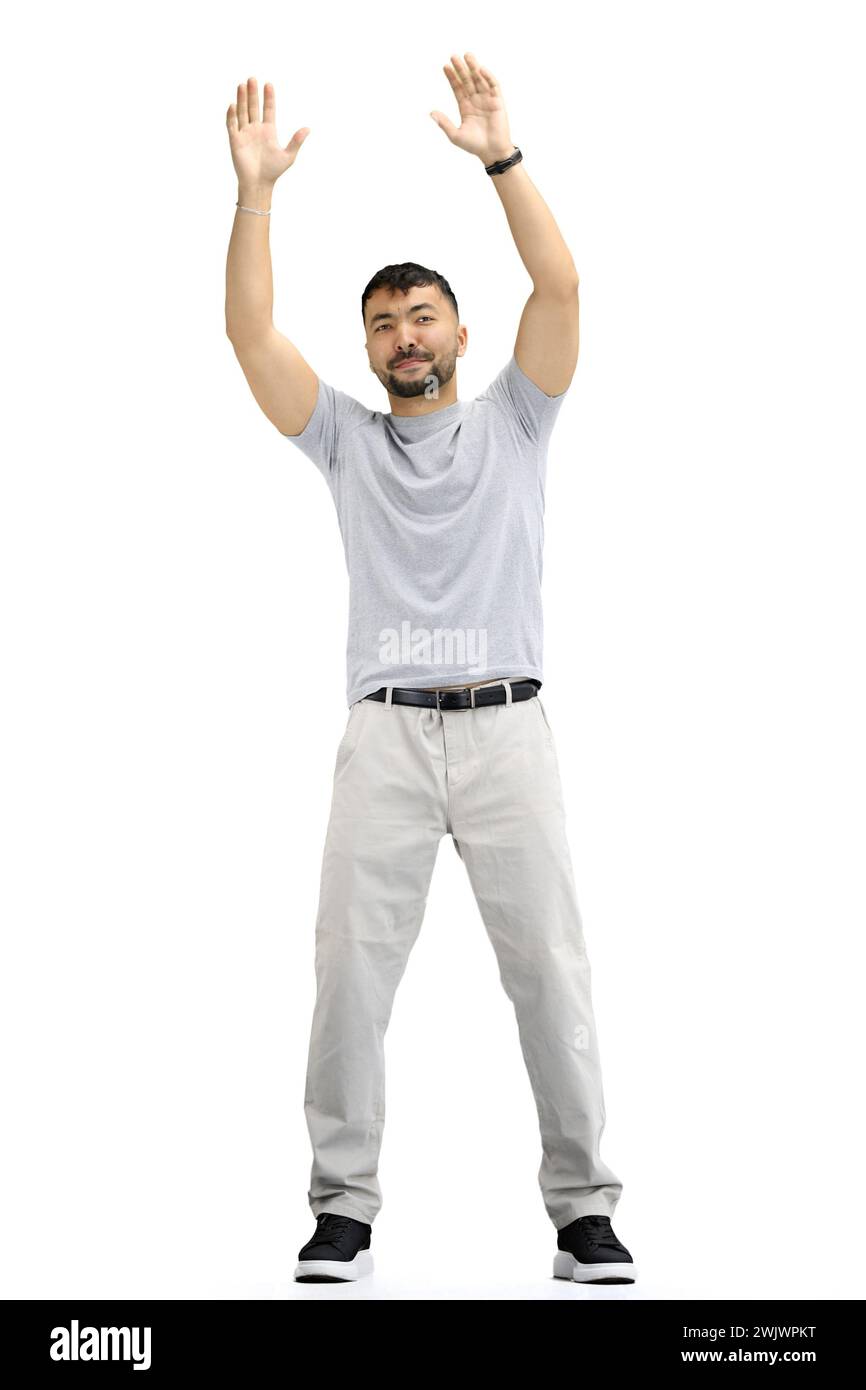 A man, on a white background, in full height, waving his arms Stock ...