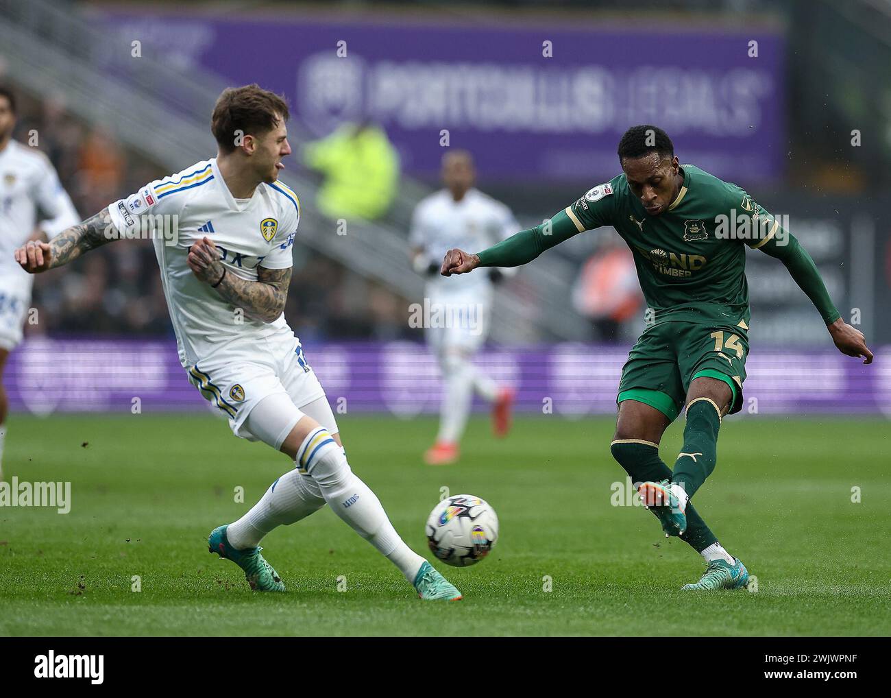 Mickel Miller of Plymouth Argyle takes a shoot and is blocked during ...