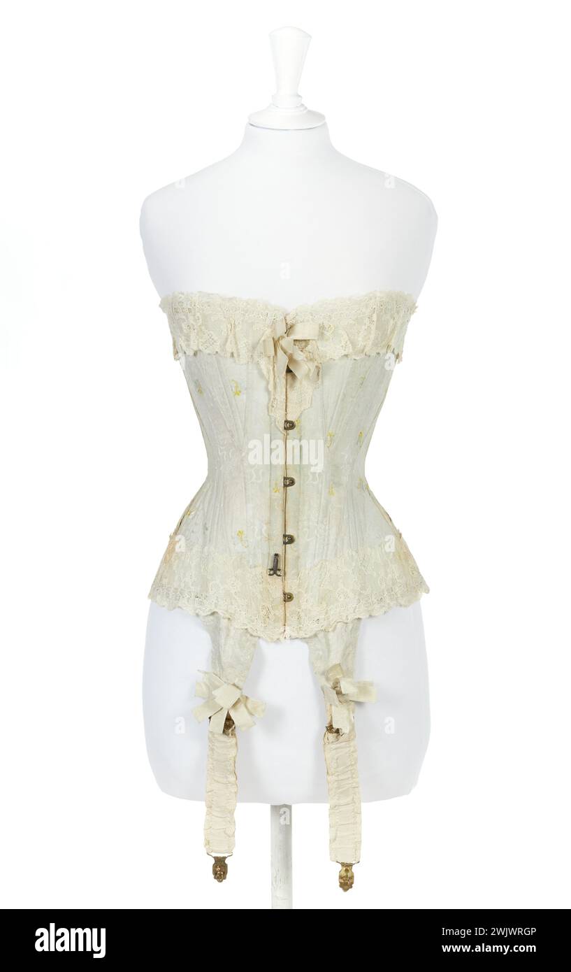 Short level hip corset, in 2 parts, rounded neckline, low to point ...