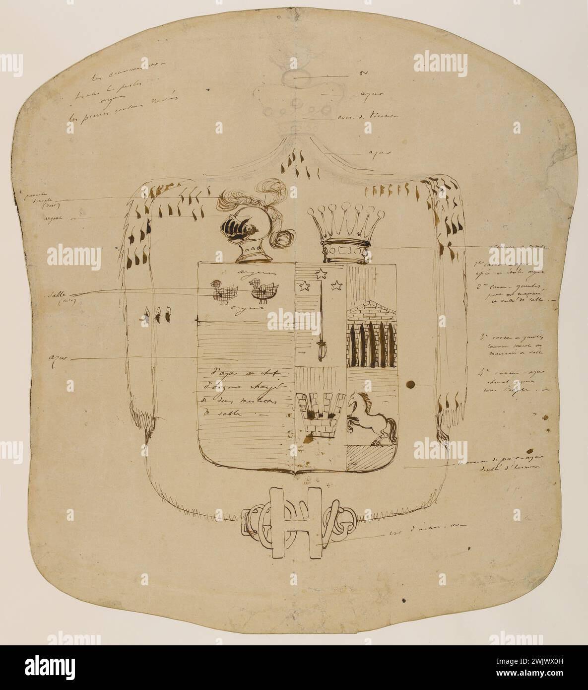Victor Hugo (1802-1885). Coat of arms. Brown ink, feather, graphite ...