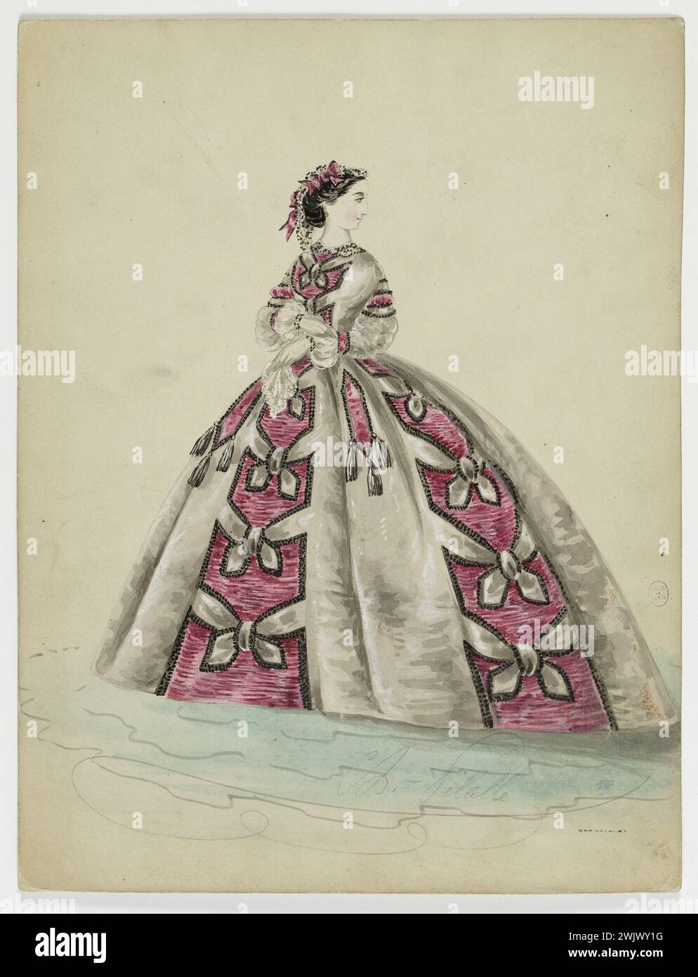 Charles Pilatte for the Ghys house. Model-figure for seamstress. White dress with pink friezes ...