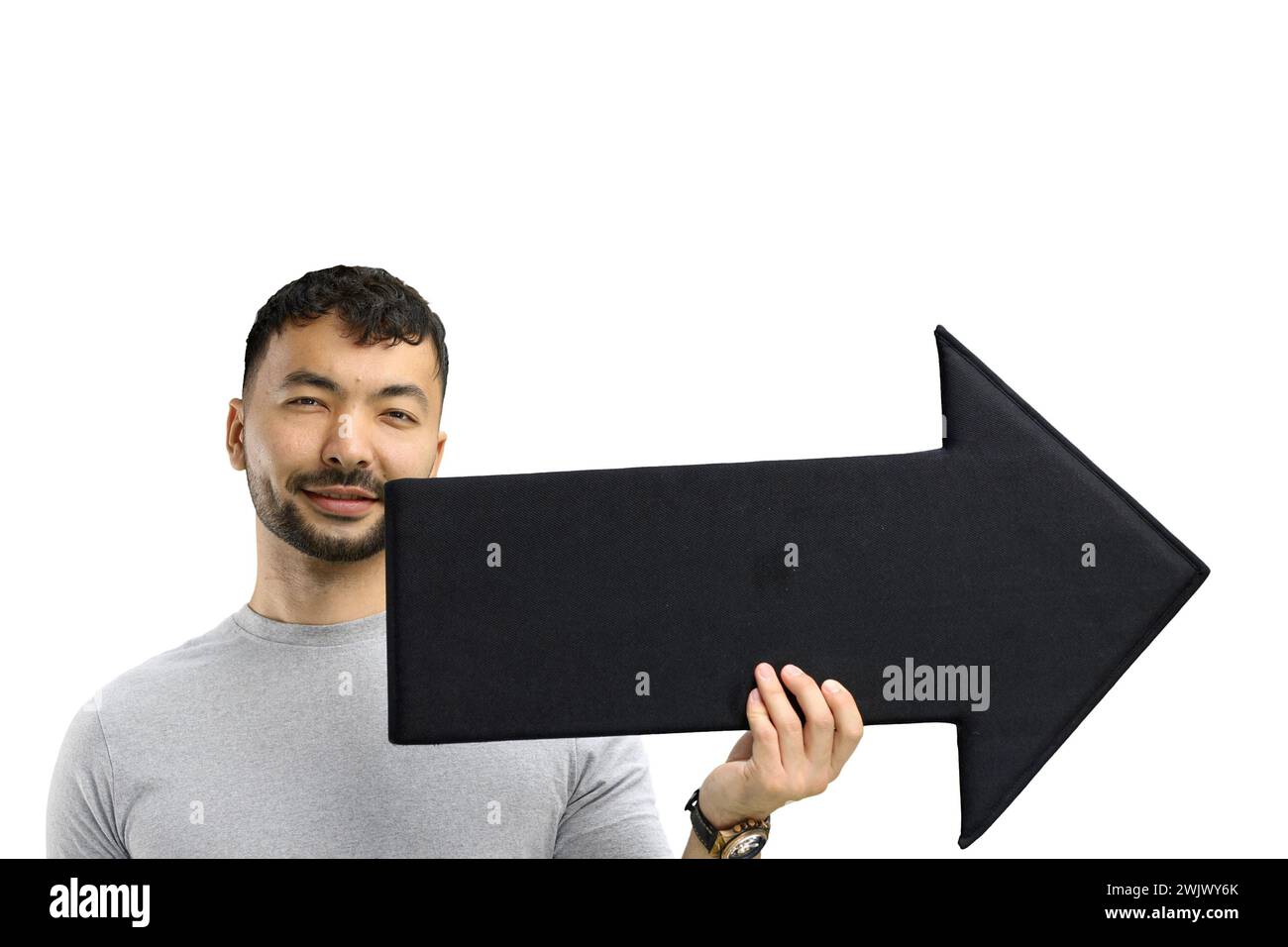 Happy black guy holding arrow hi-res stock photography and images - Alamy