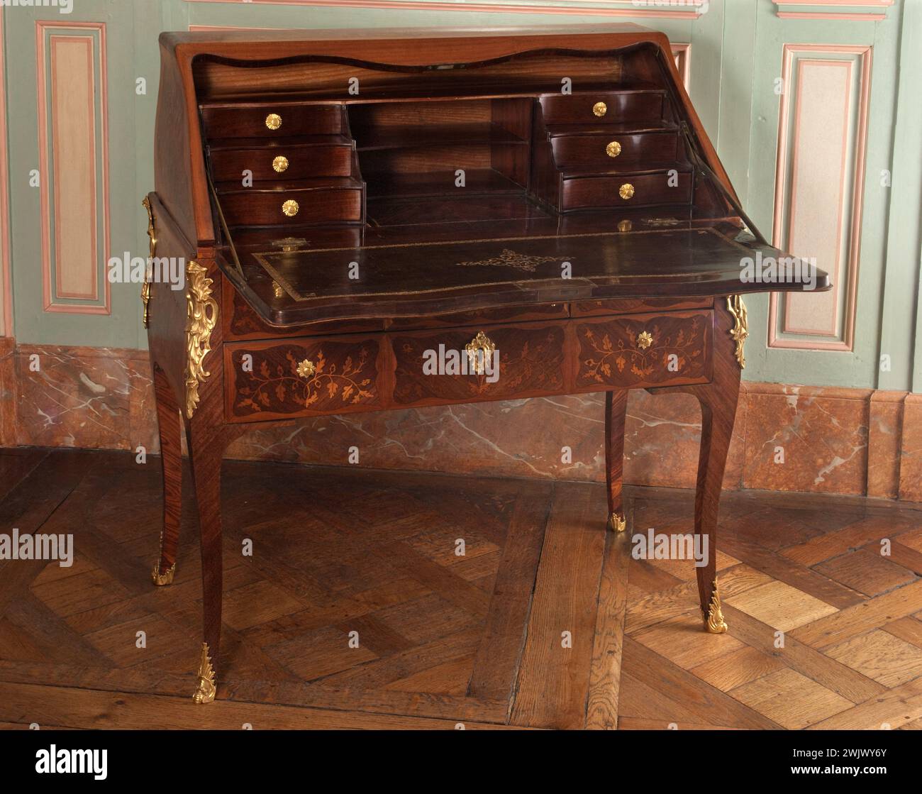 Jacques-Philippe Carel. Sloping secretary. Oak, conifer, satin plating ...