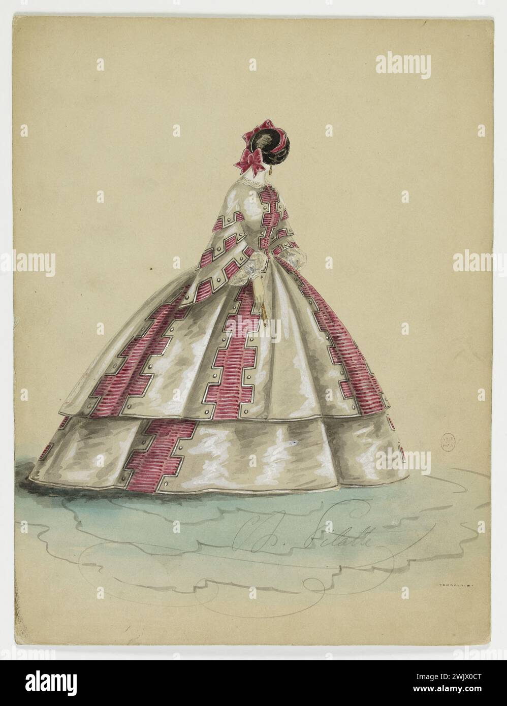 Charles Pilatte for the Ghys house. Model-figure for seamstress. White town dress, adorned with ...