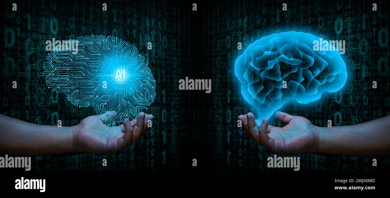 two hand holding human brain and artificial intelligence brain with ...