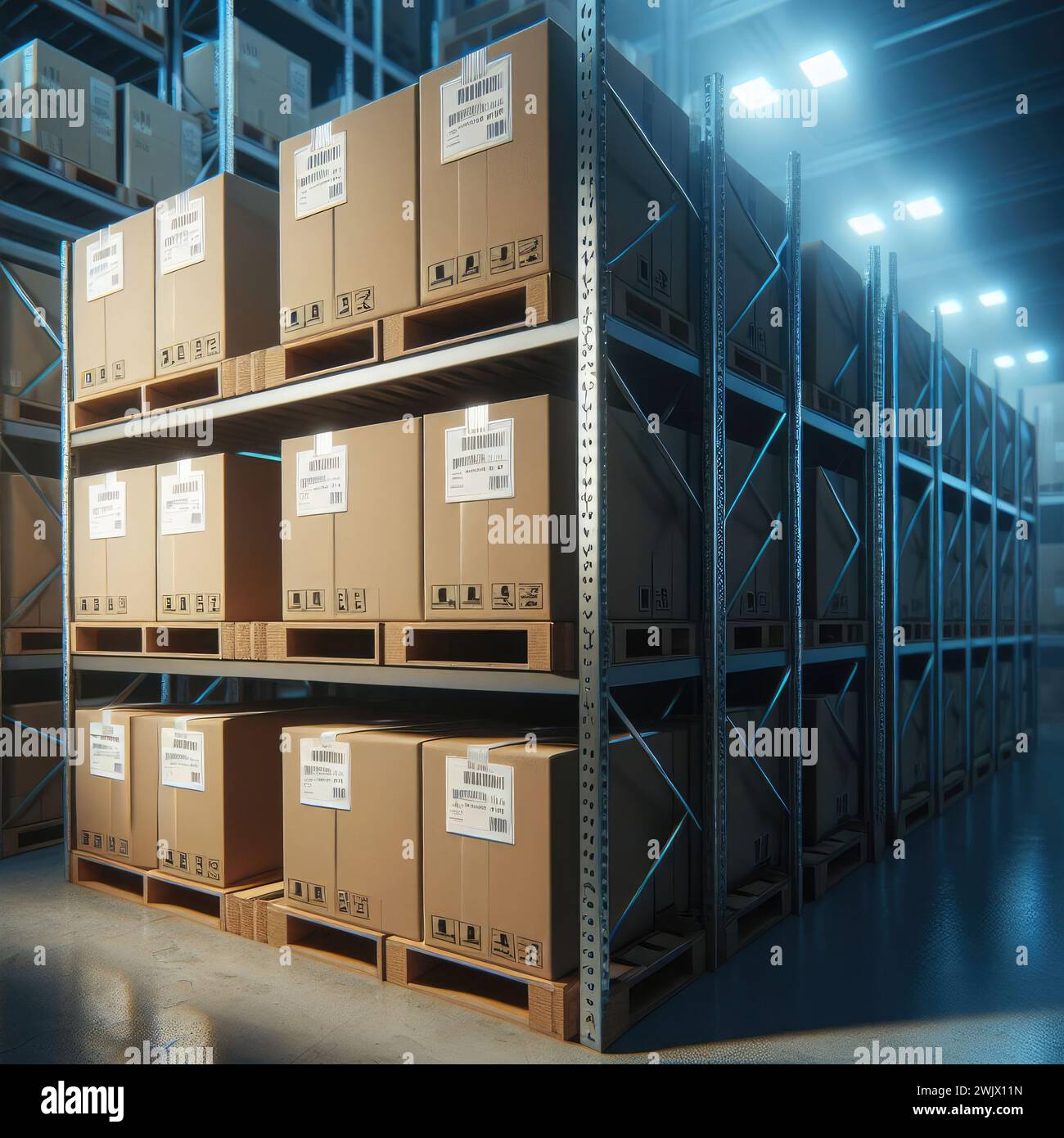 A warehouse with straight rows of metal shelving on which boxes of ...