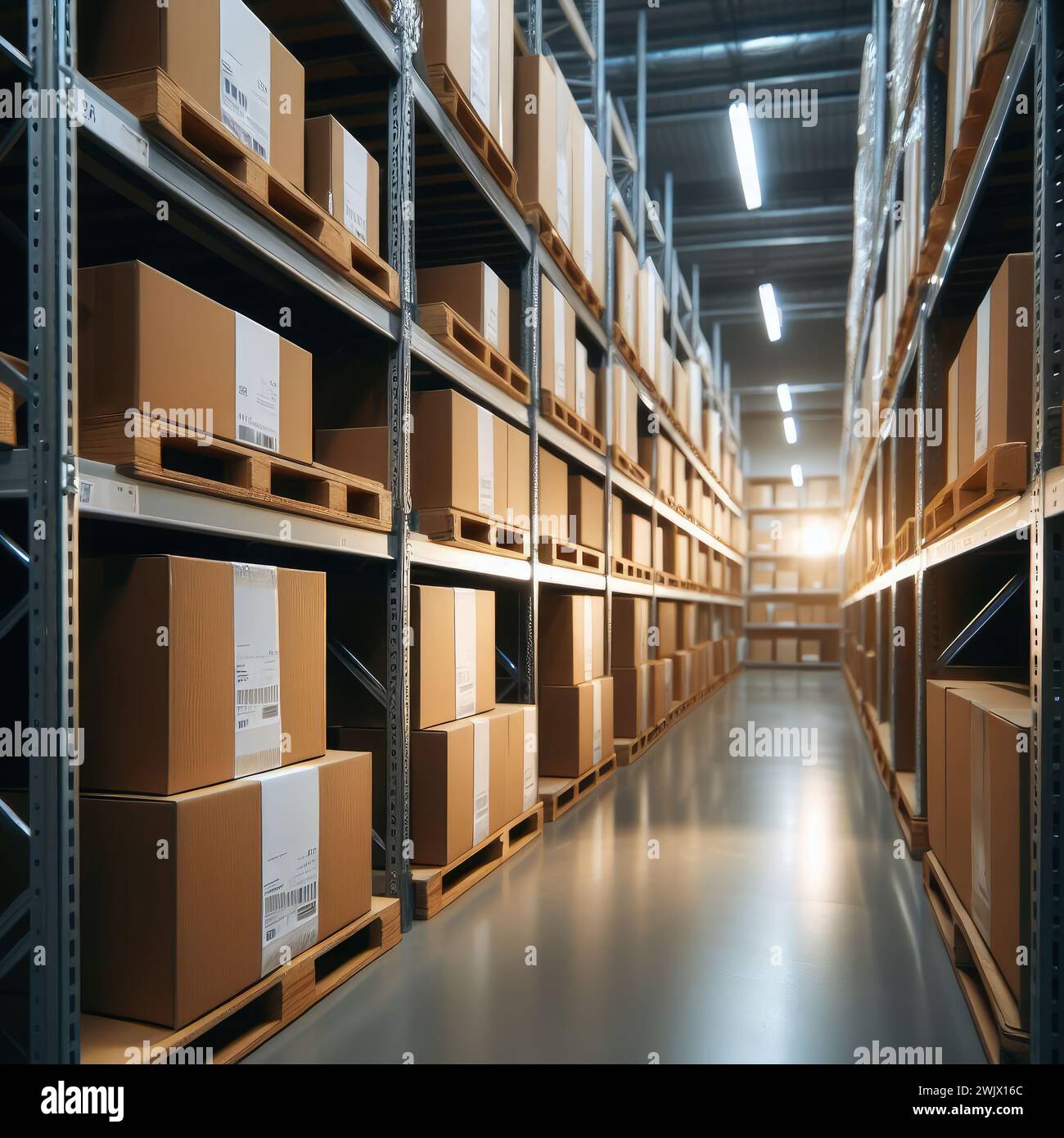 A warehouse with straight rows of metal shelving on which boxes of ...