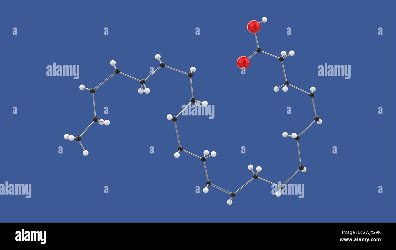Docosahexaenoic acid, Omega 3 DHA, 3D molecule structure, on blue ...