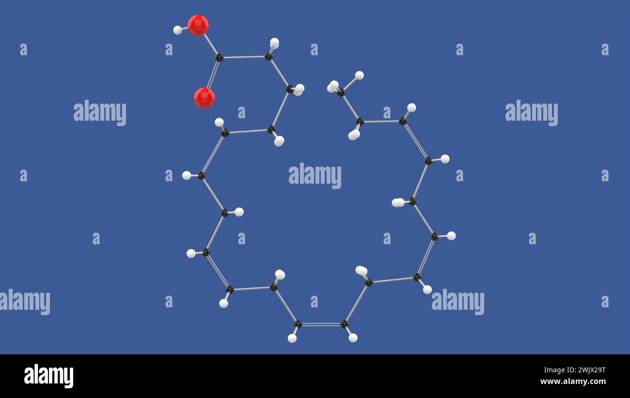 Eicosapentaenoic acid, Omega 3 EPA, 3D molecule structure, on blue ...