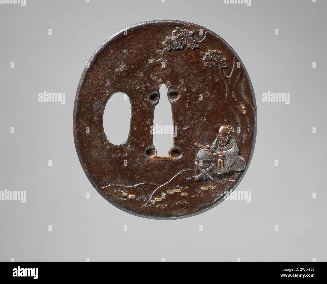 Tsuba (common name). Suki - Dashi - Bori (pictorial engraving) - Taka ...