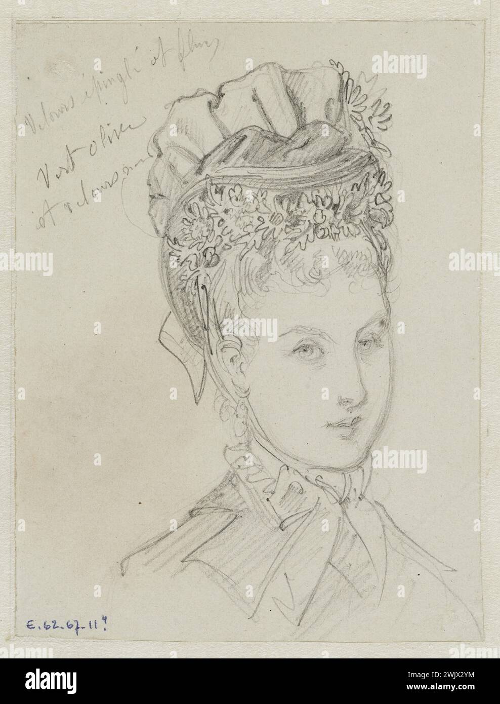 Anaïs Toudouze (1822-1899). "Woman's hat". Bride hat, decorated with flowers. Lead mine, white ...