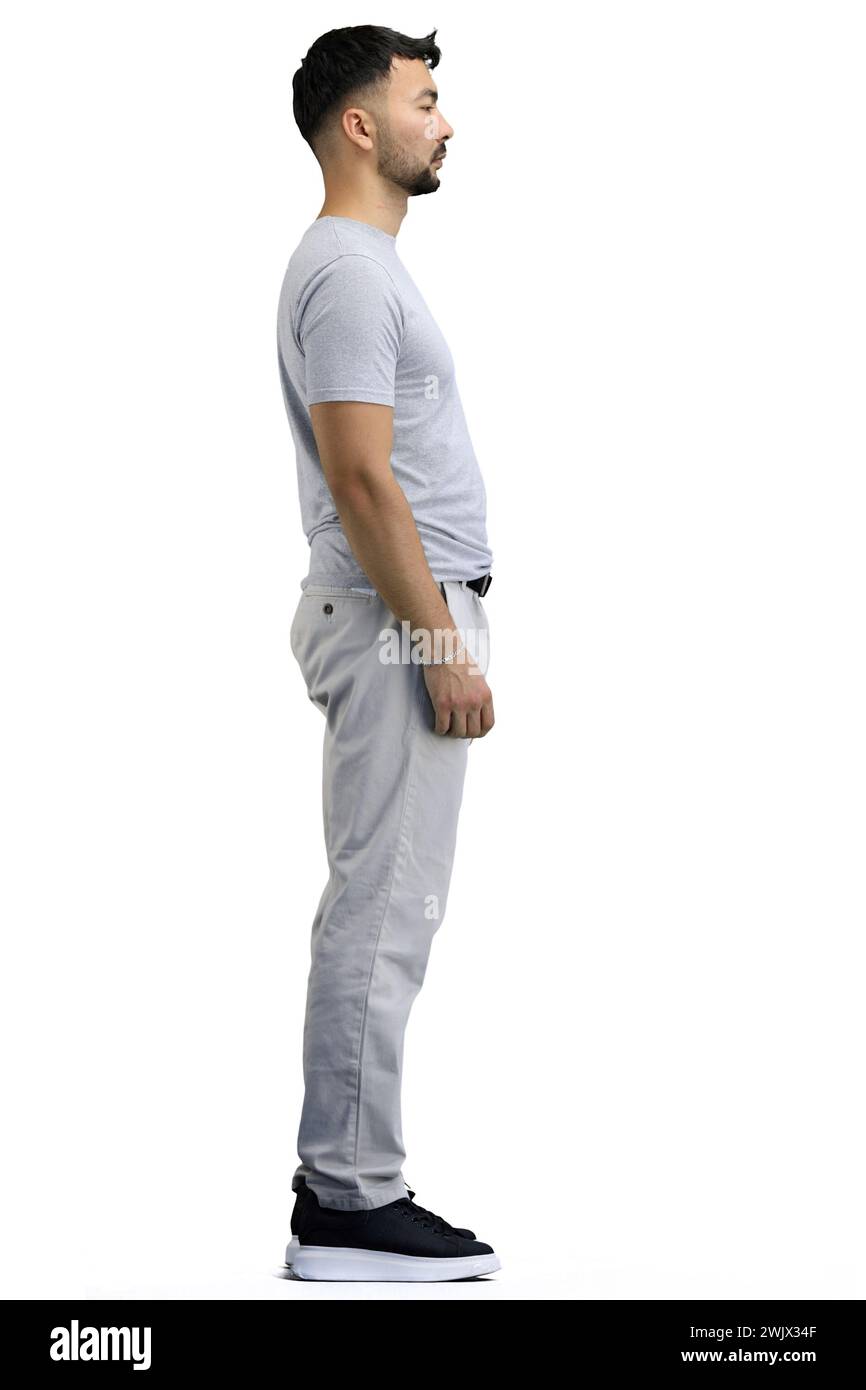 A man, full-length, on a white background, meditating Stock Photo - Alamy