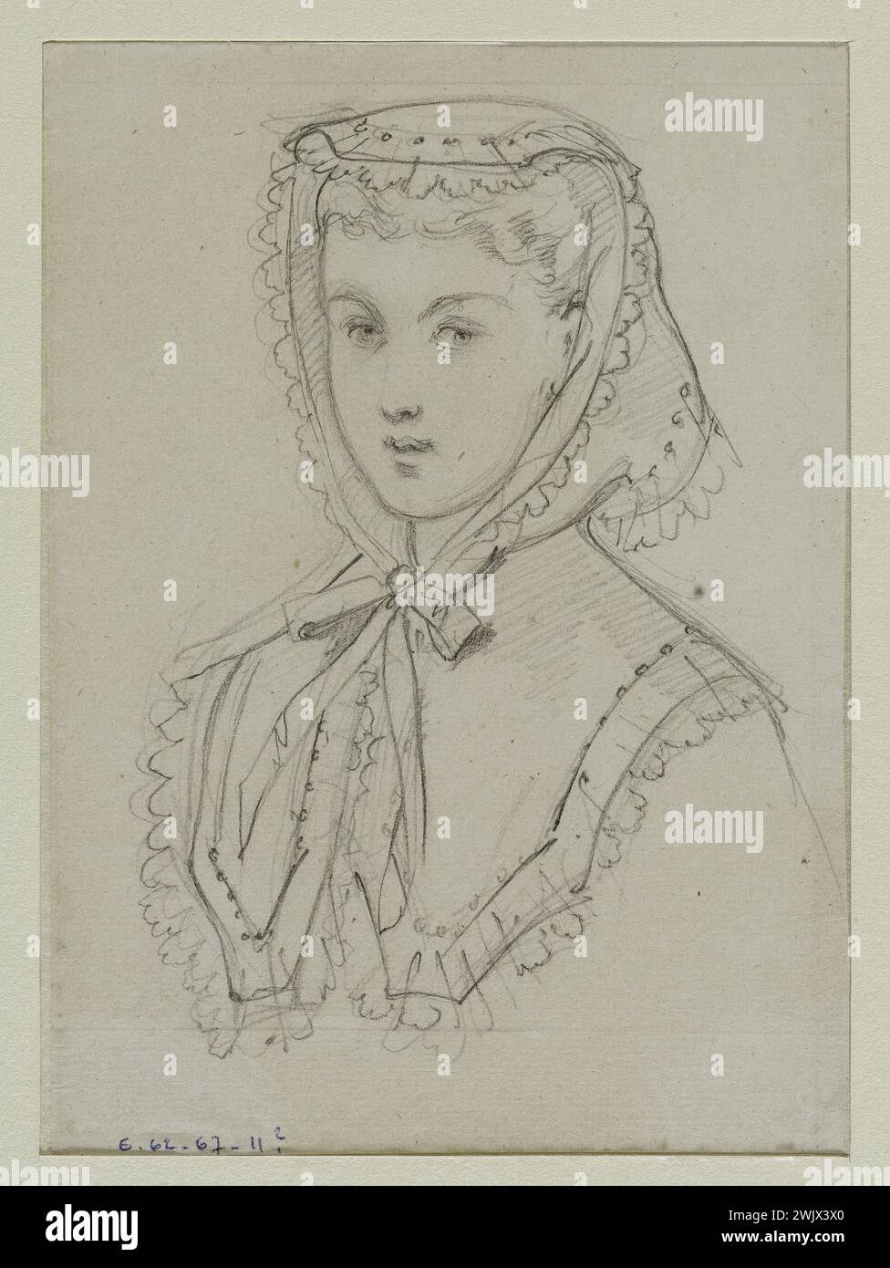 Anaïs Toudouze (1822-1899). "Woman with a knotted cap". Lead mine, white paper. 1866-1867 ...