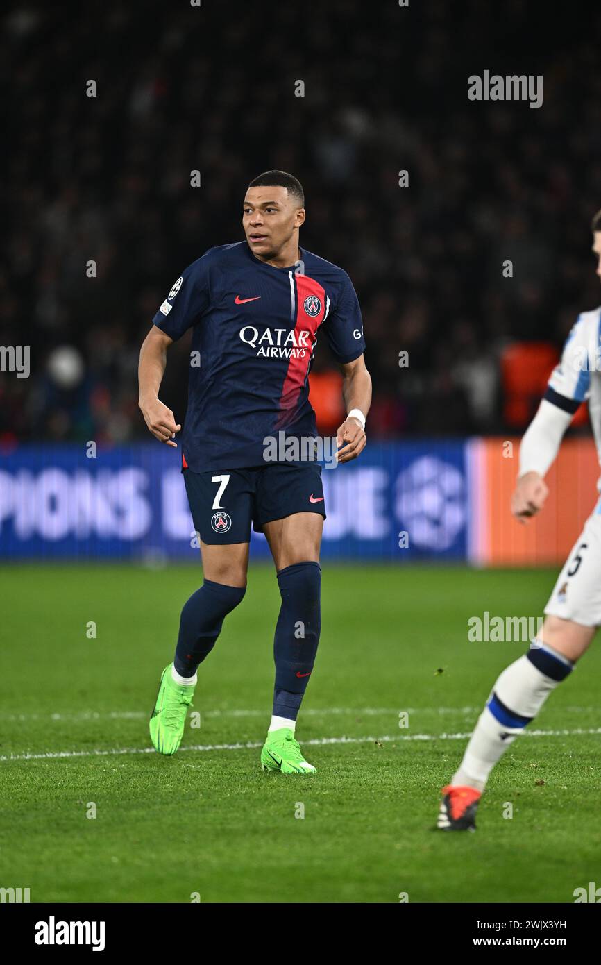 PARIS, FRANCE - FEBRUARY 14: Kylian Mbappe of PSG, full length body in ...