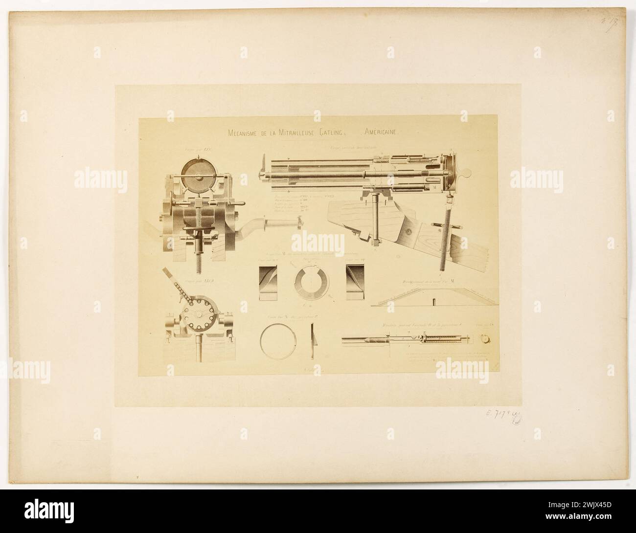 Engraving of engraving. American Gatling machine gun mechanism ...