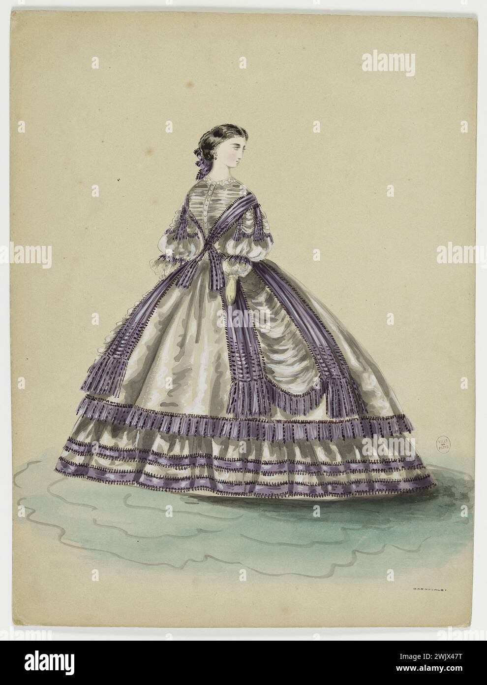 Charles Pilatte for the Ghys house. Model-figure for seamstress. White town dress, with lilac ...