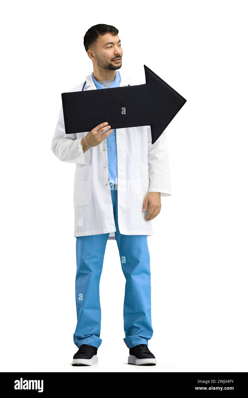 The doctor, in full height, on a white background, points with an arrow ...