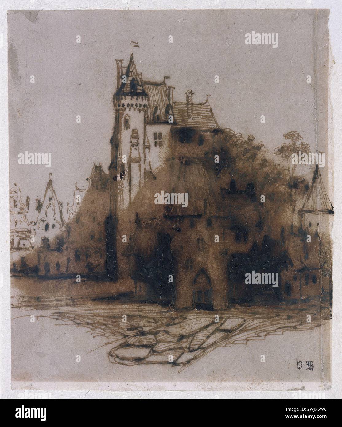 Victor Hugo (1802-1885). "Medieval castle and Flemish houses". Paris ...