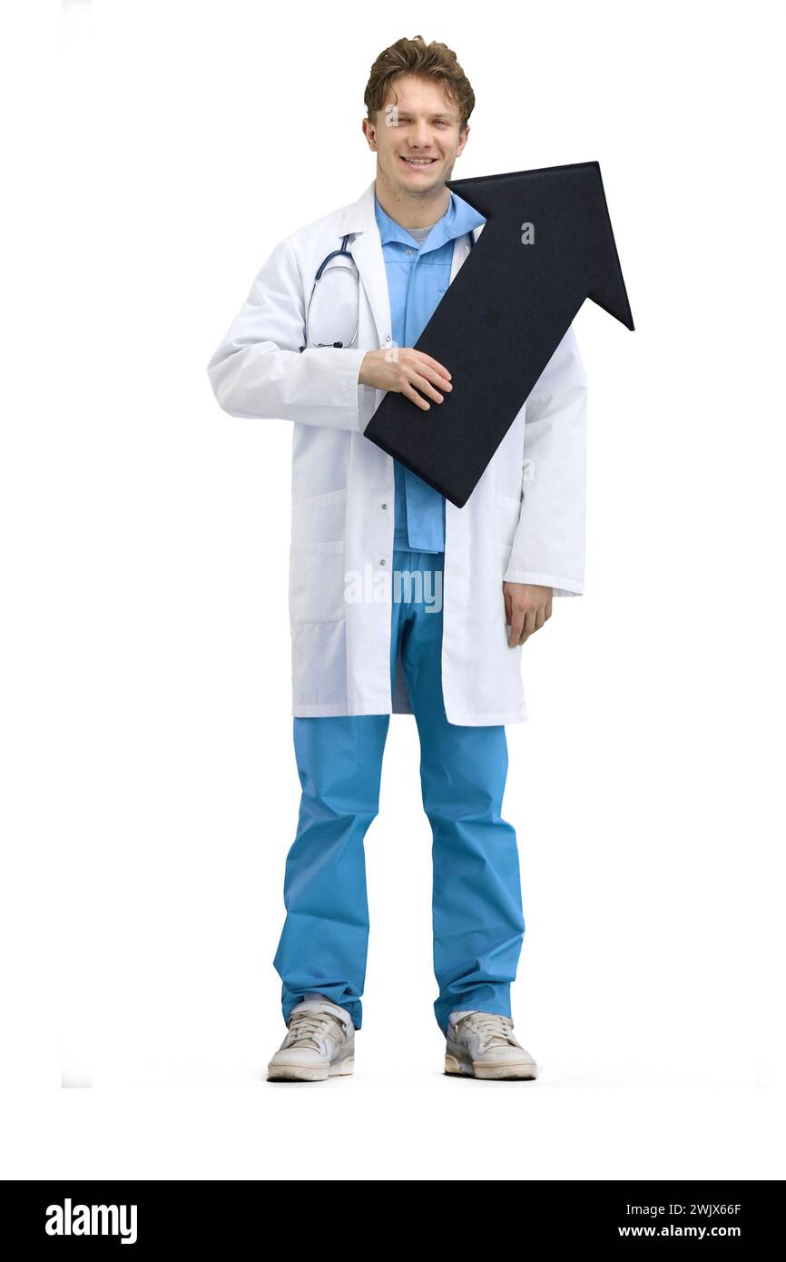The doctor, in full height, on a white background, points with an arrow ...