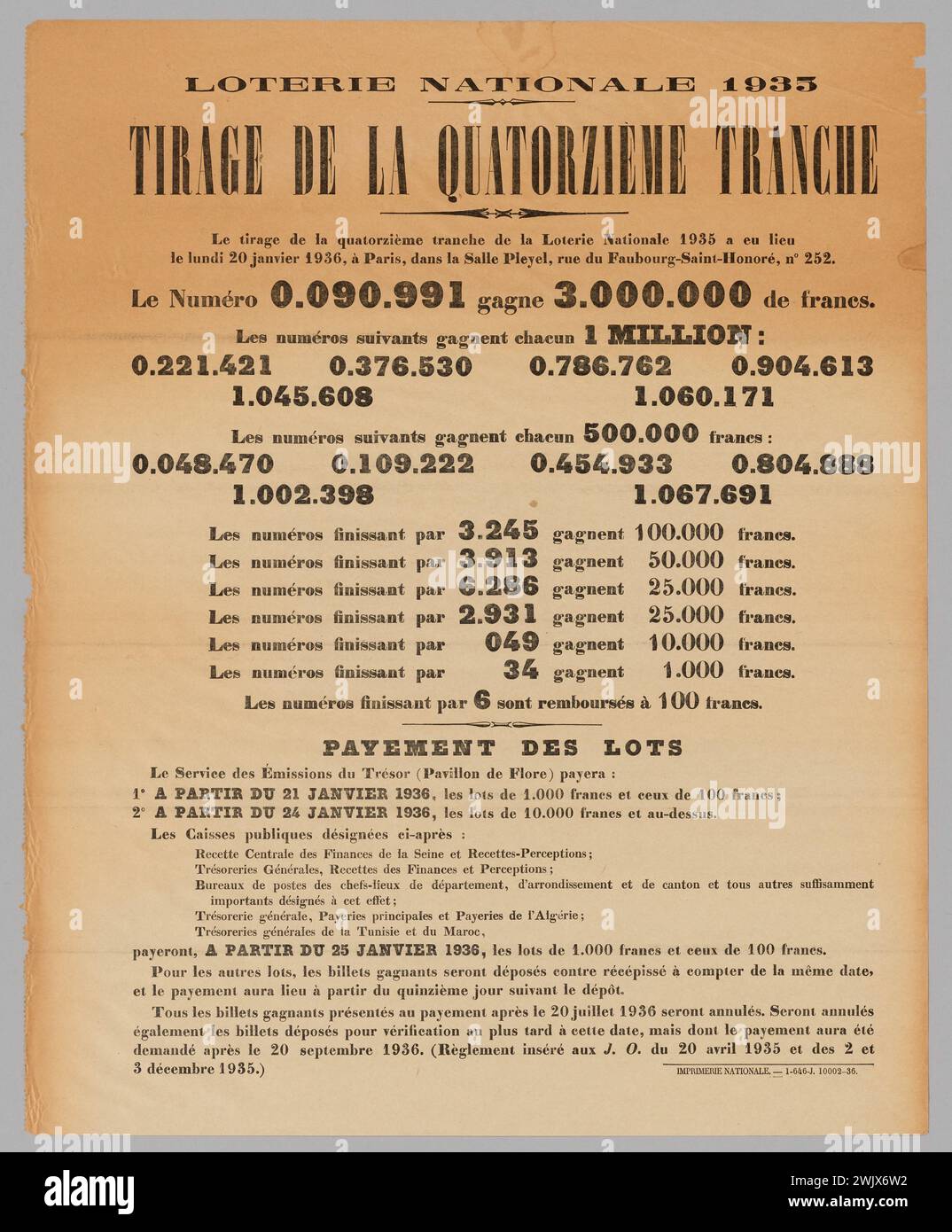 National Imprimerie, National Lottery 1935/ TRAGE OF THE FOURZIEM TRAKE ...