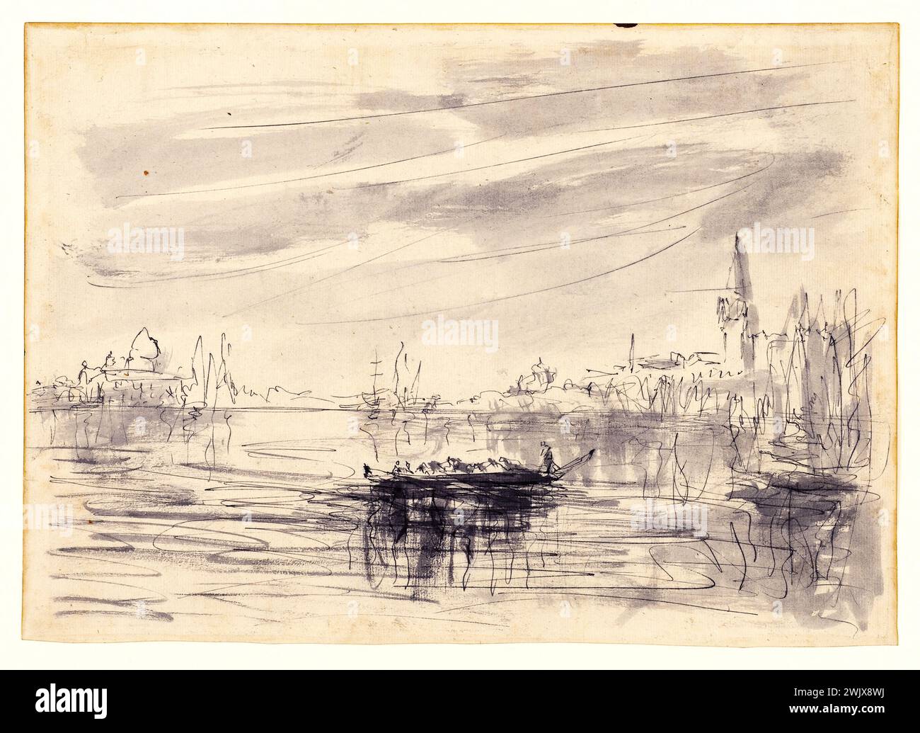 Félix Ziem (1821-1911). "View of Venice". Pen and lavis of blue ink on ...