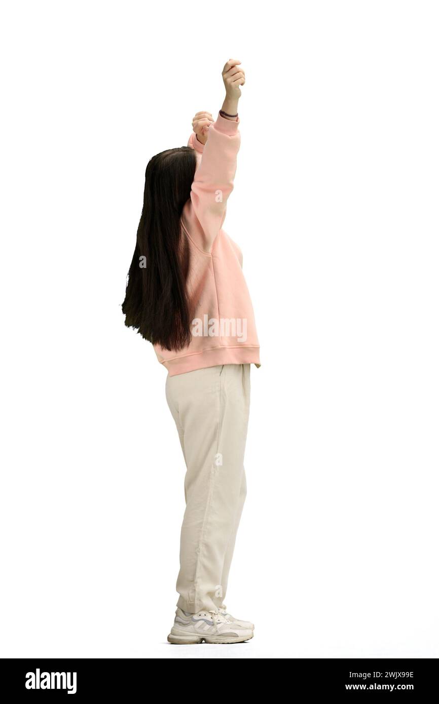 A woman, full-length, on a white background, waving her arms Stock ...
