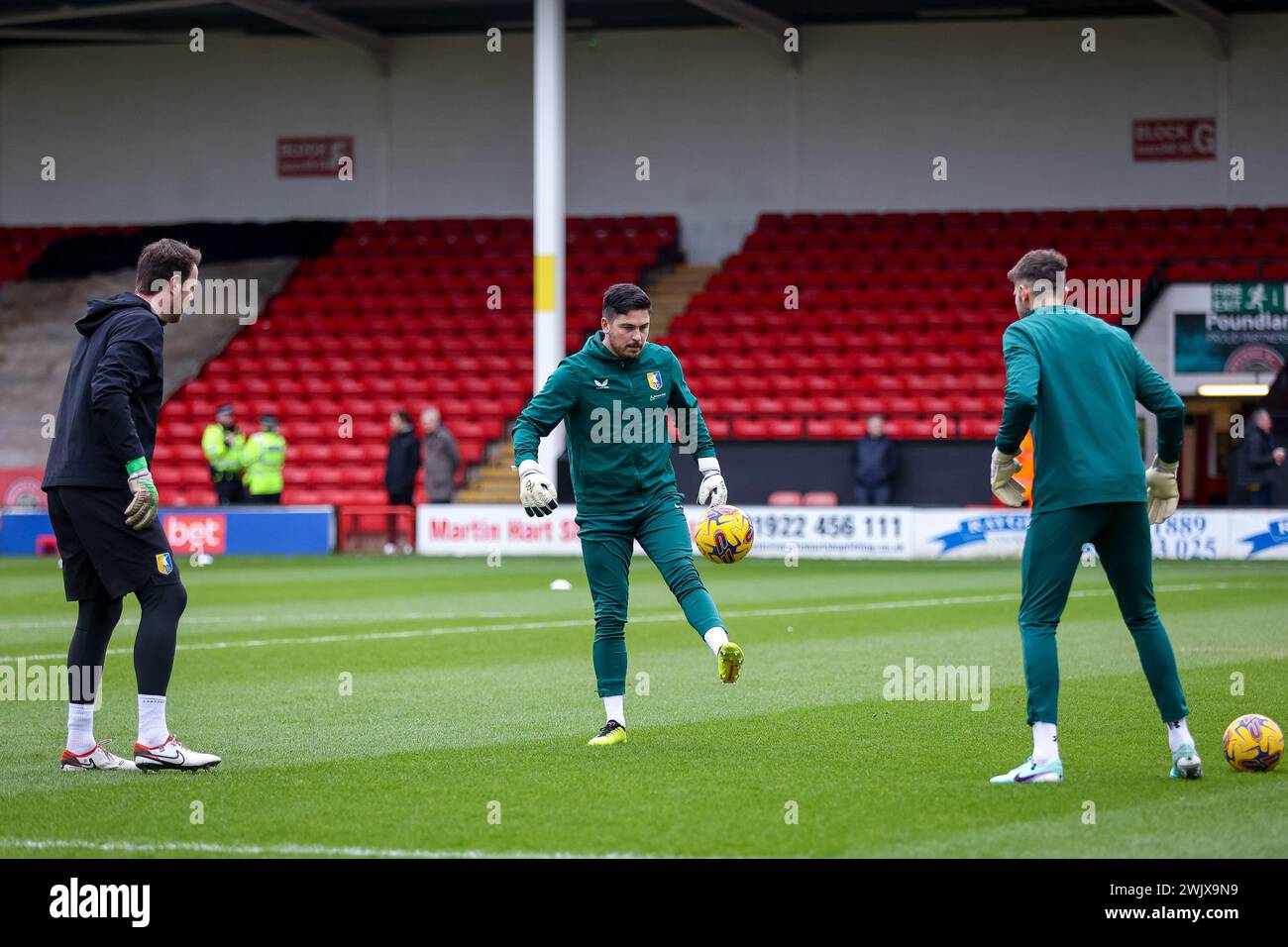 Walsall, UK. 17th Feb, 2024. Mansfield's goalkeepers warming up with ...