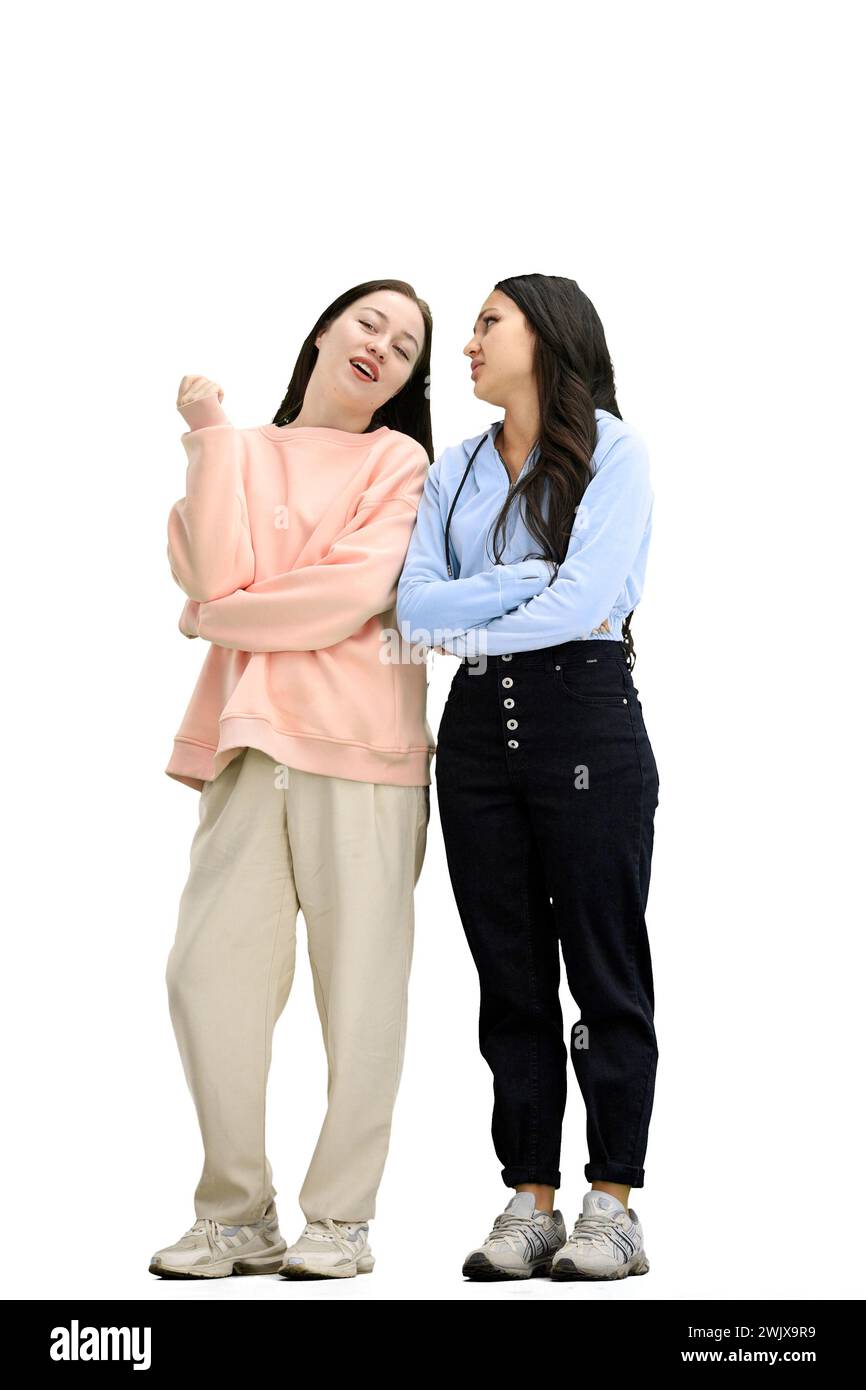 A women, full-length, on a white background, talking Stock Photo - Alamy