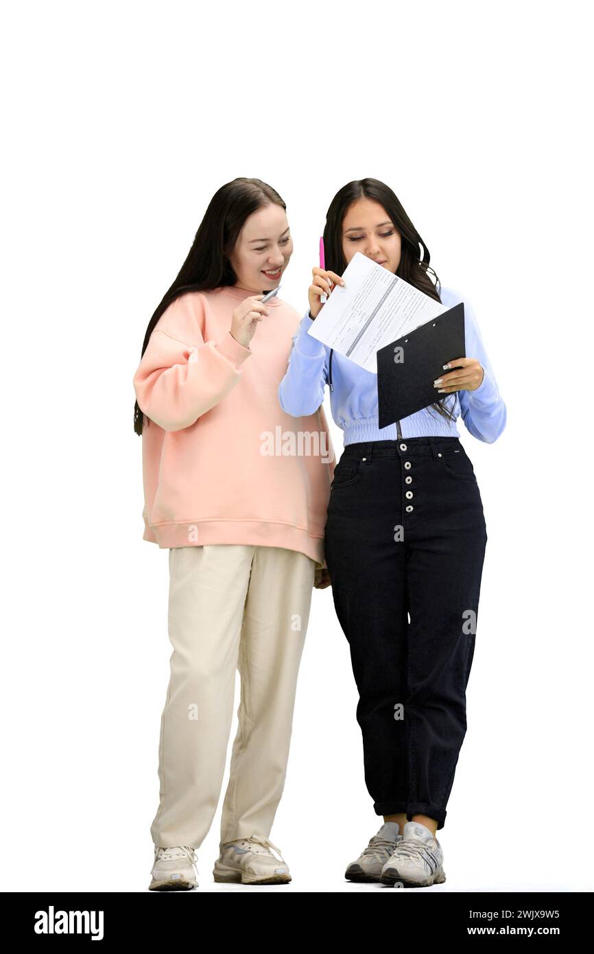 A women, full-length, on a white background, talking Stock Photo - Alamy