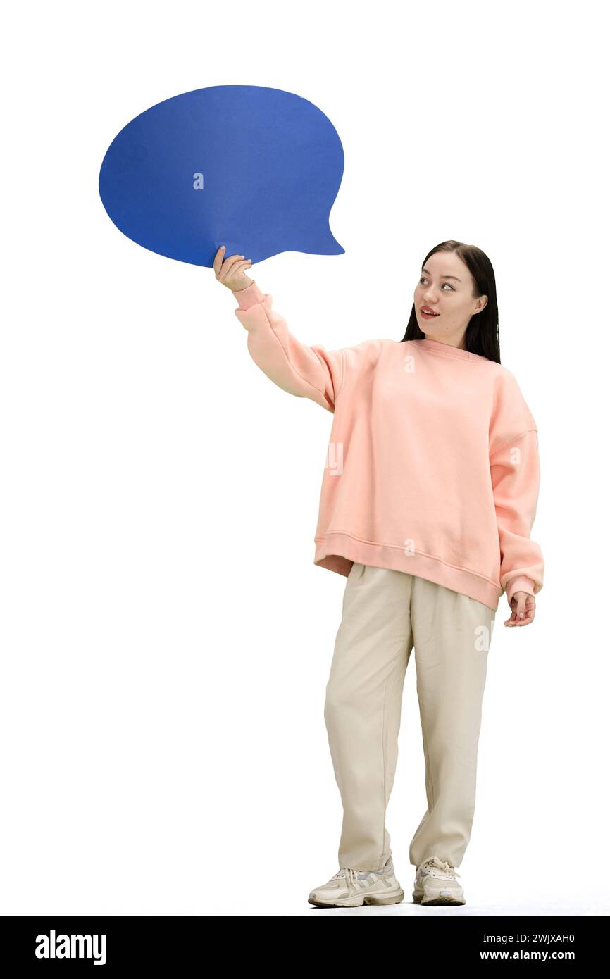 A woman, full-length, on a white background, with a blue comment mark ...