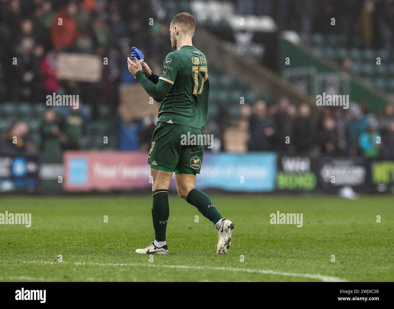 Lewis Gibson of Plymouth Argyle applauds the fans at full time looks ...