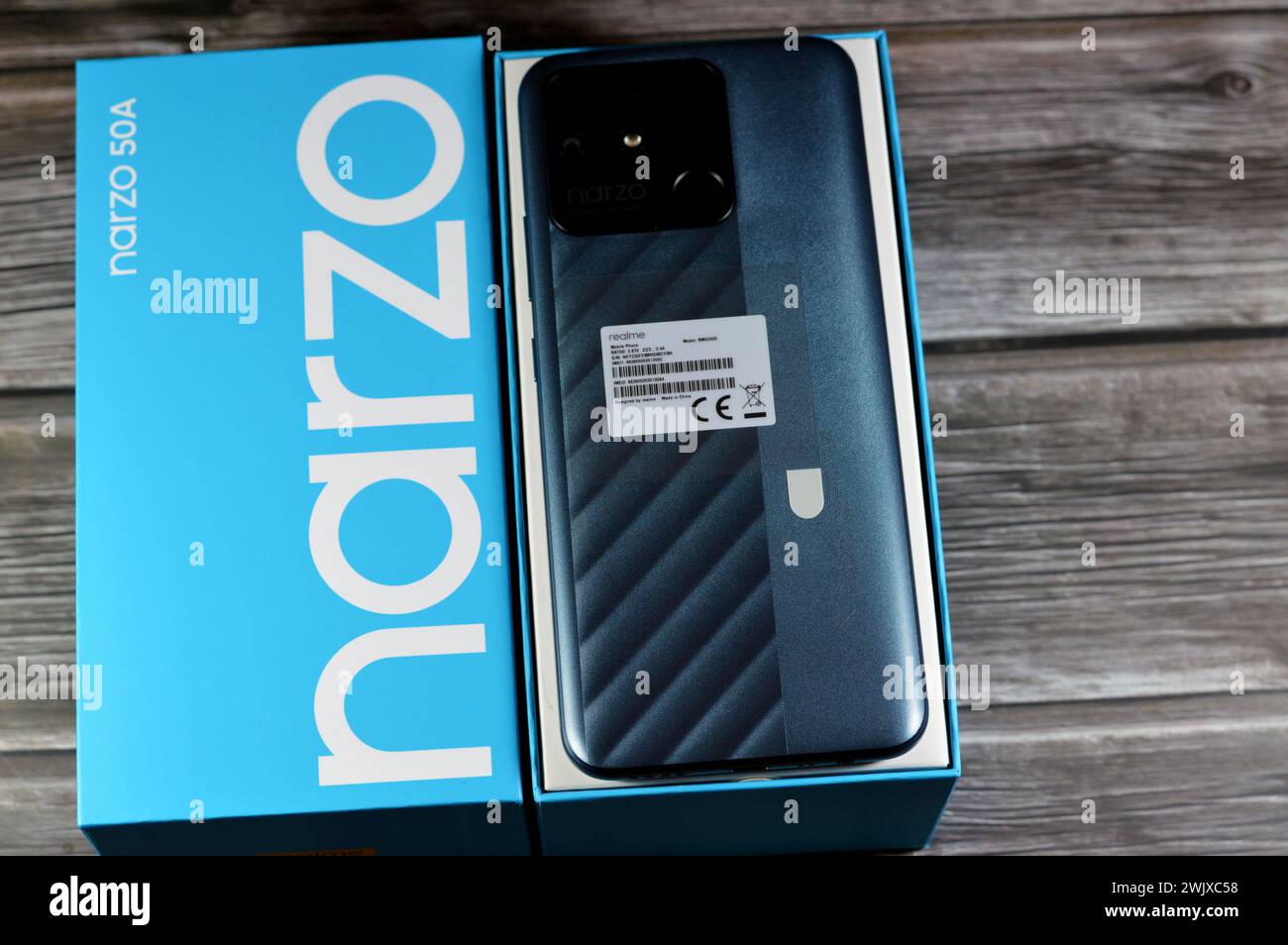 Cairo, Egypt, February 9 2024: Realme Narzo 50A smart cellphone mobile ...