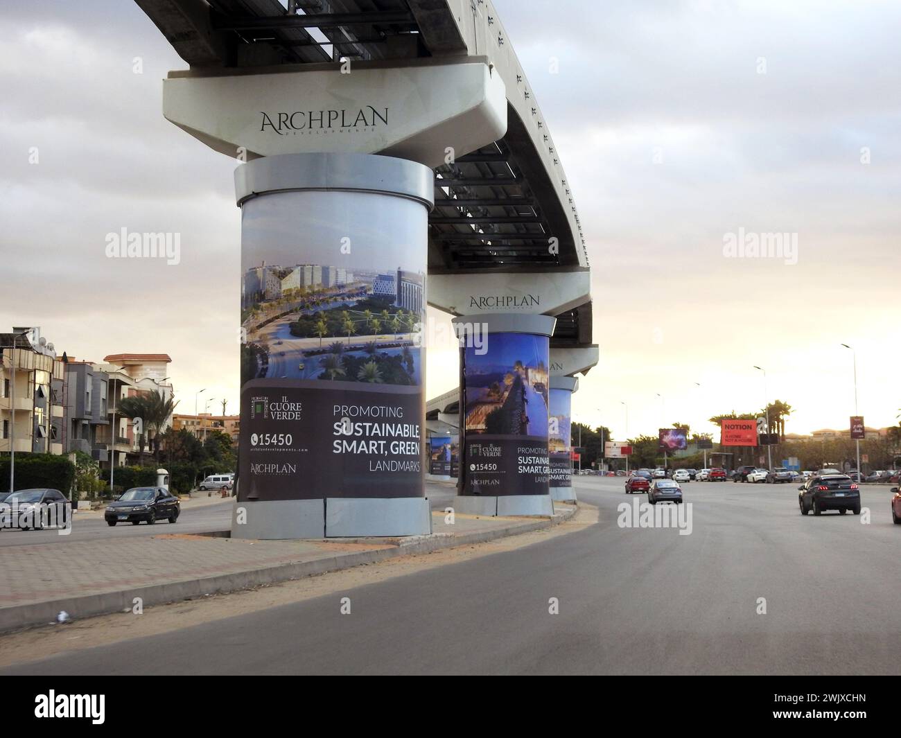 Cairo, Egypt, January 26 2024: Archplan developments advertisement on Cairo monorail columns ...