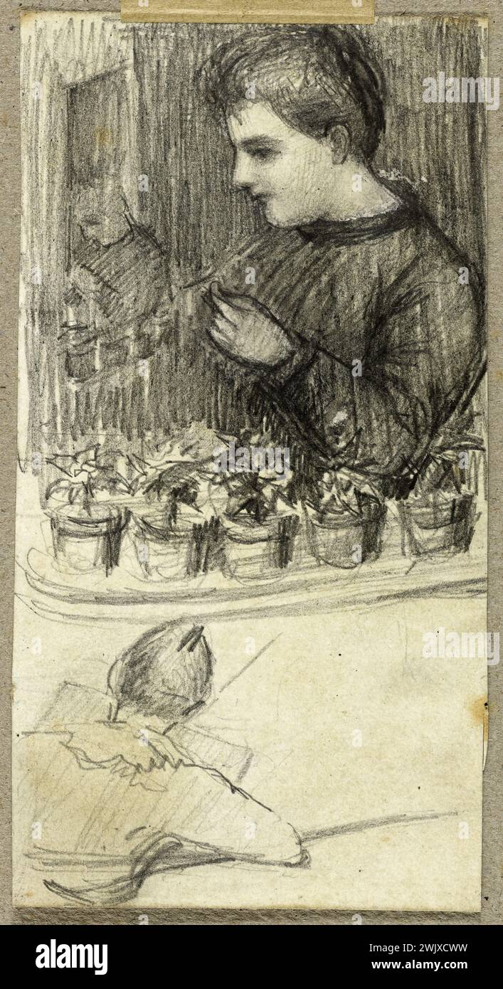 Arthur-Joseph Guéniot (1866-1951). Young woman at her window in front ...