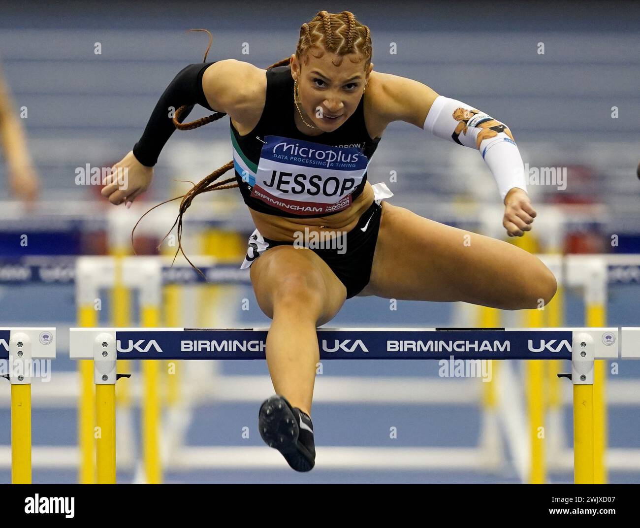 Marli Jessop (centre) running the 60 m Hurdles - Women Heat 3 during ...