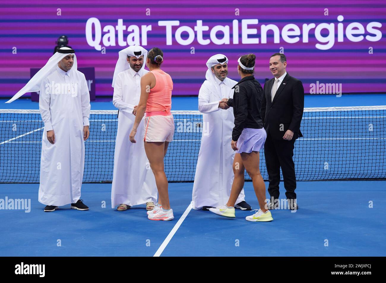 Prize distribution of the doubles title at the Qatar TotalEnergies Open ...
