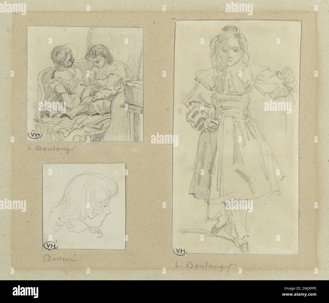 Louis Boulanger and Achille Devéria. "Léopoldine and Charles". Graphite ...