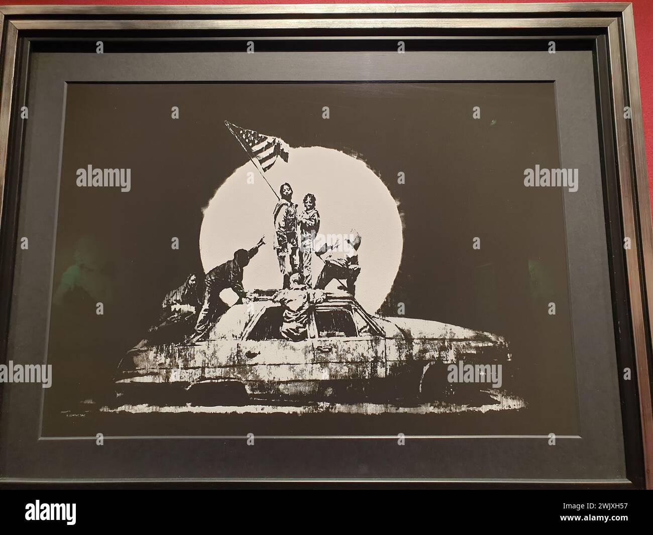 Artwork „Flag (Silver)“ by Banksy in the exhibition „The Mystery of ...