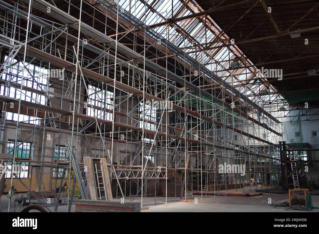 Old machine hall supported with a scaffolding, former steelworks ...