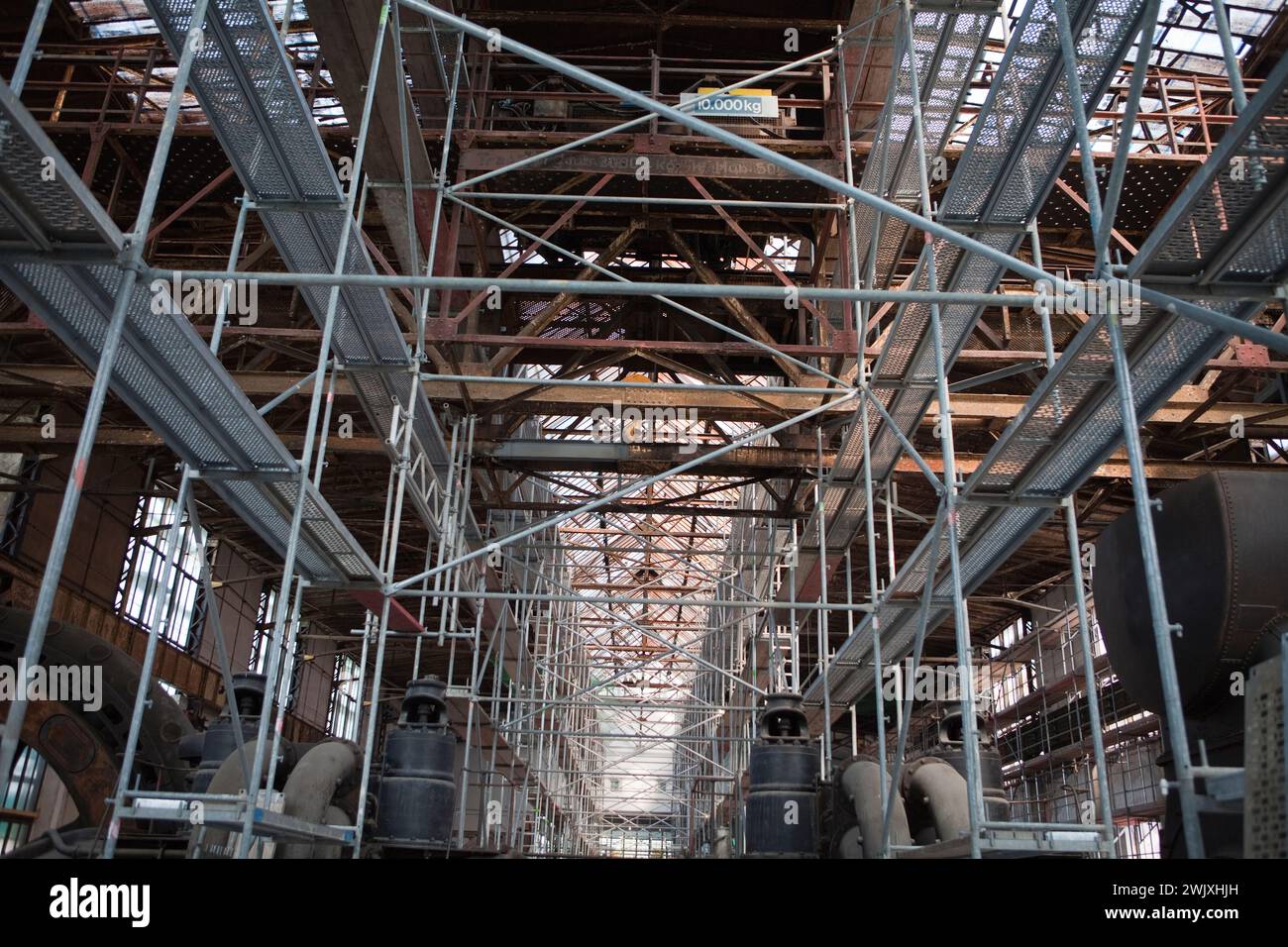 Old machine hall supported with a scaffolding, former steelworks ...