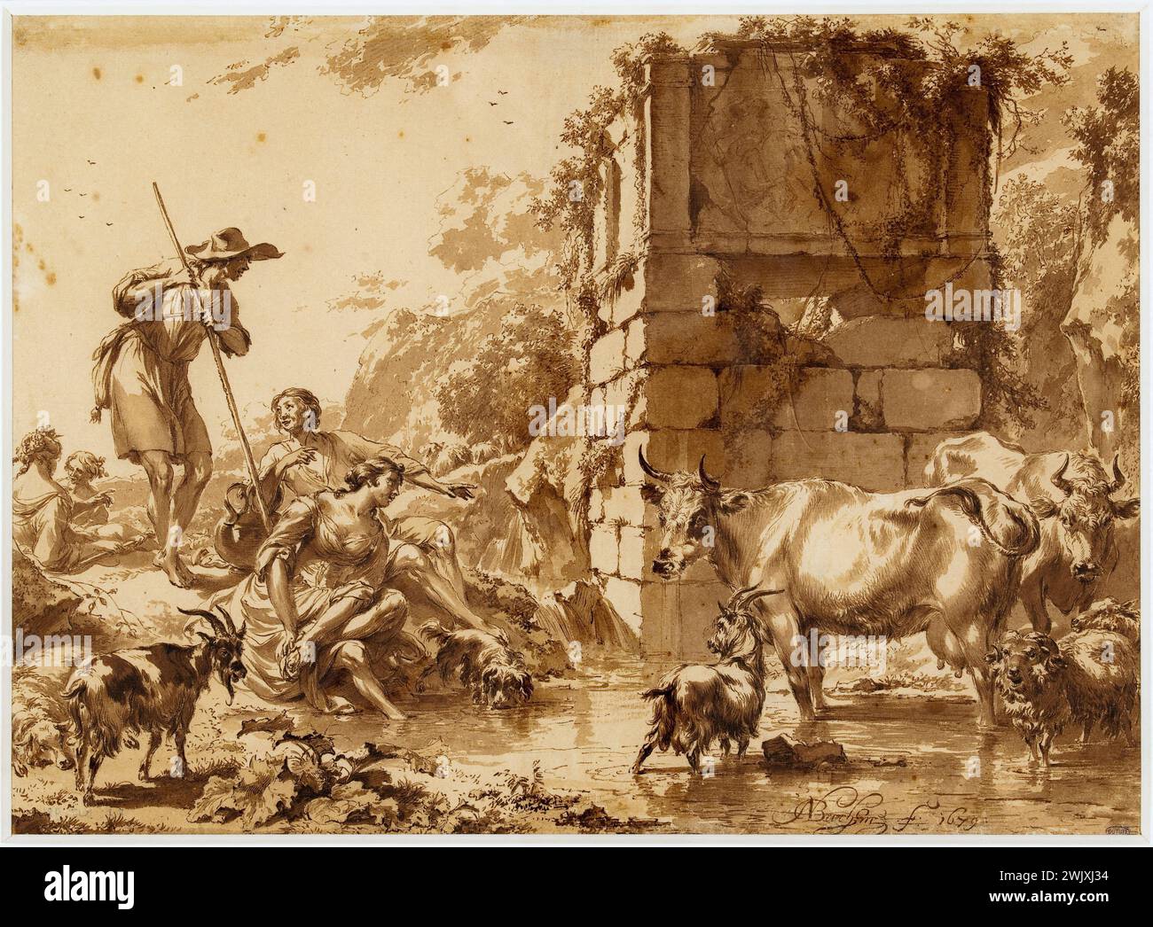 Nicolaes Berchem (1620-1683). "Livestock at the drinking with four ...