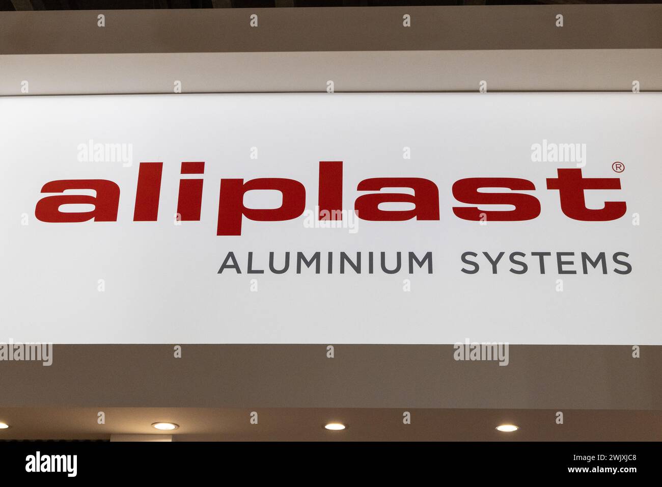 Brussels, Belgium. 17th Feb, 2024. Picture shows the Aliplast logo ...