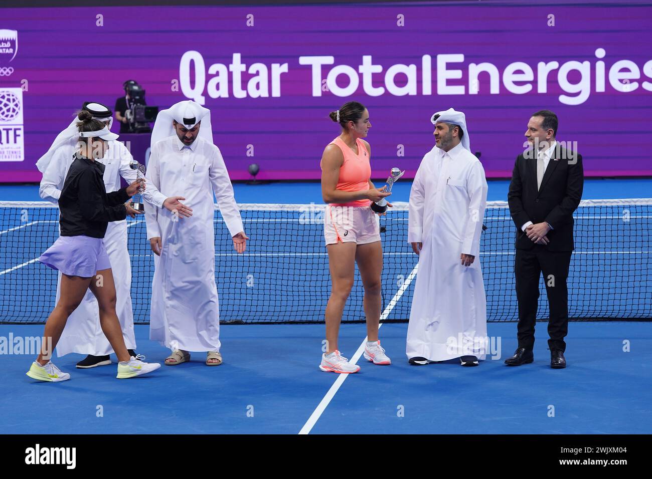 Prize distribution of the doubles title at the Qatar TotalEnergies Open ...