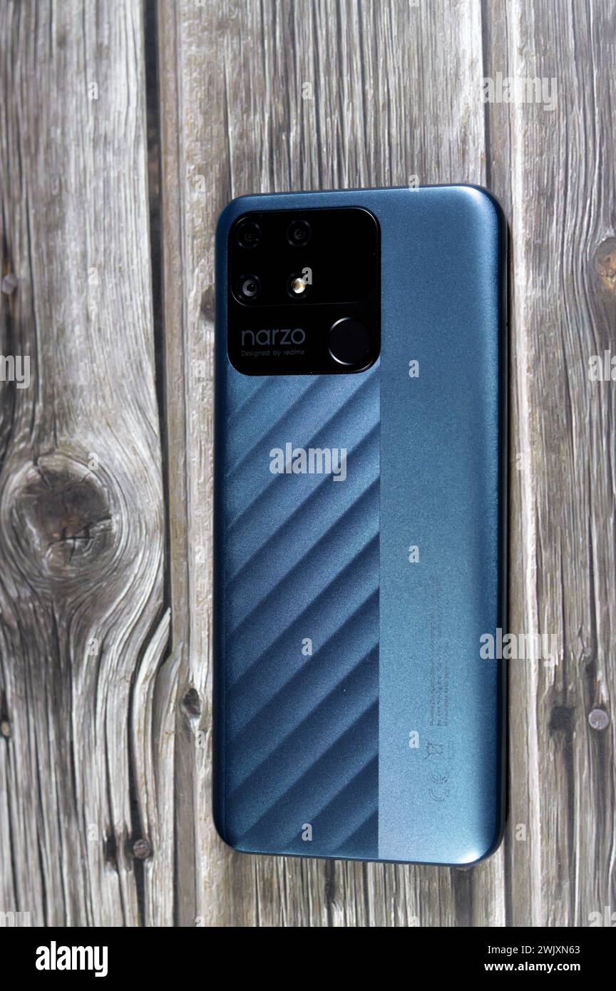 Cairo, Egypt, February 9 2024: Realme Narzo 50A smart cellphone mobile ...