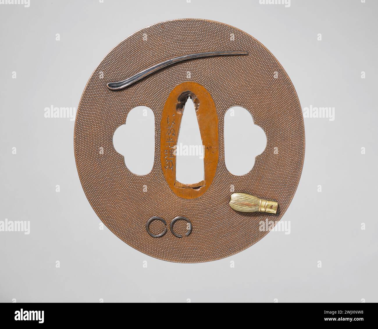 Tsuba. Copper nanako-ji (granulated background)-Taka-Zogan (relief ...