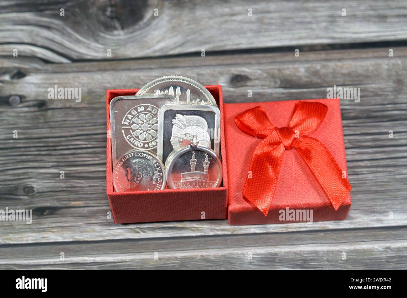 Cairo, Egypt, February 9 2024: A red small gift box with Nagm Ad-Din ...