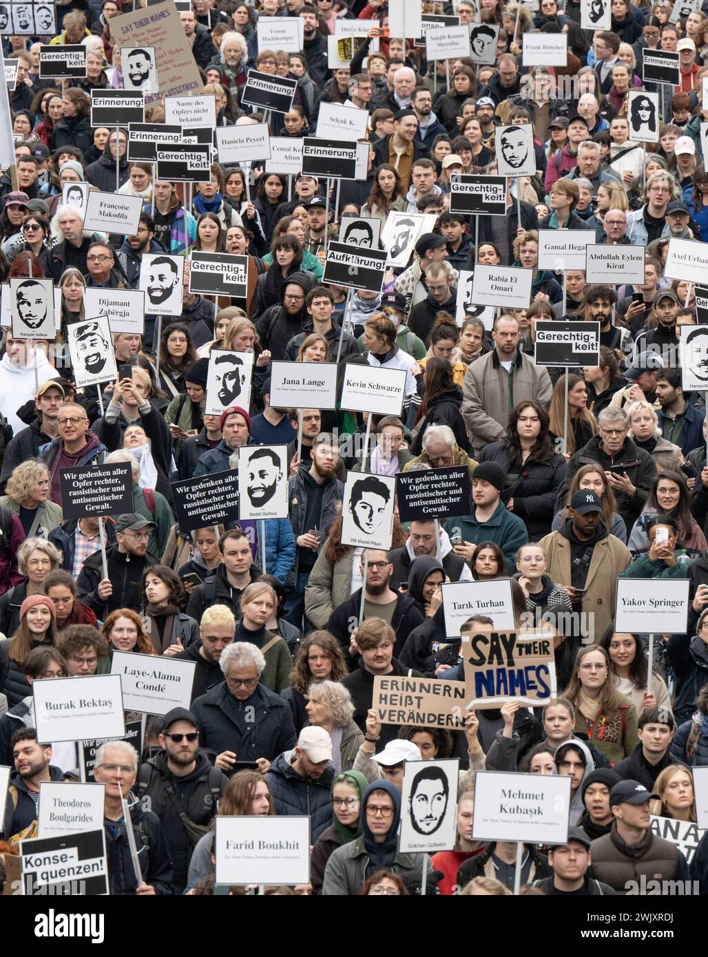 Hanau, Germany. 17th Feb, 2024. Thousands of people march through the city center to commemorate ...