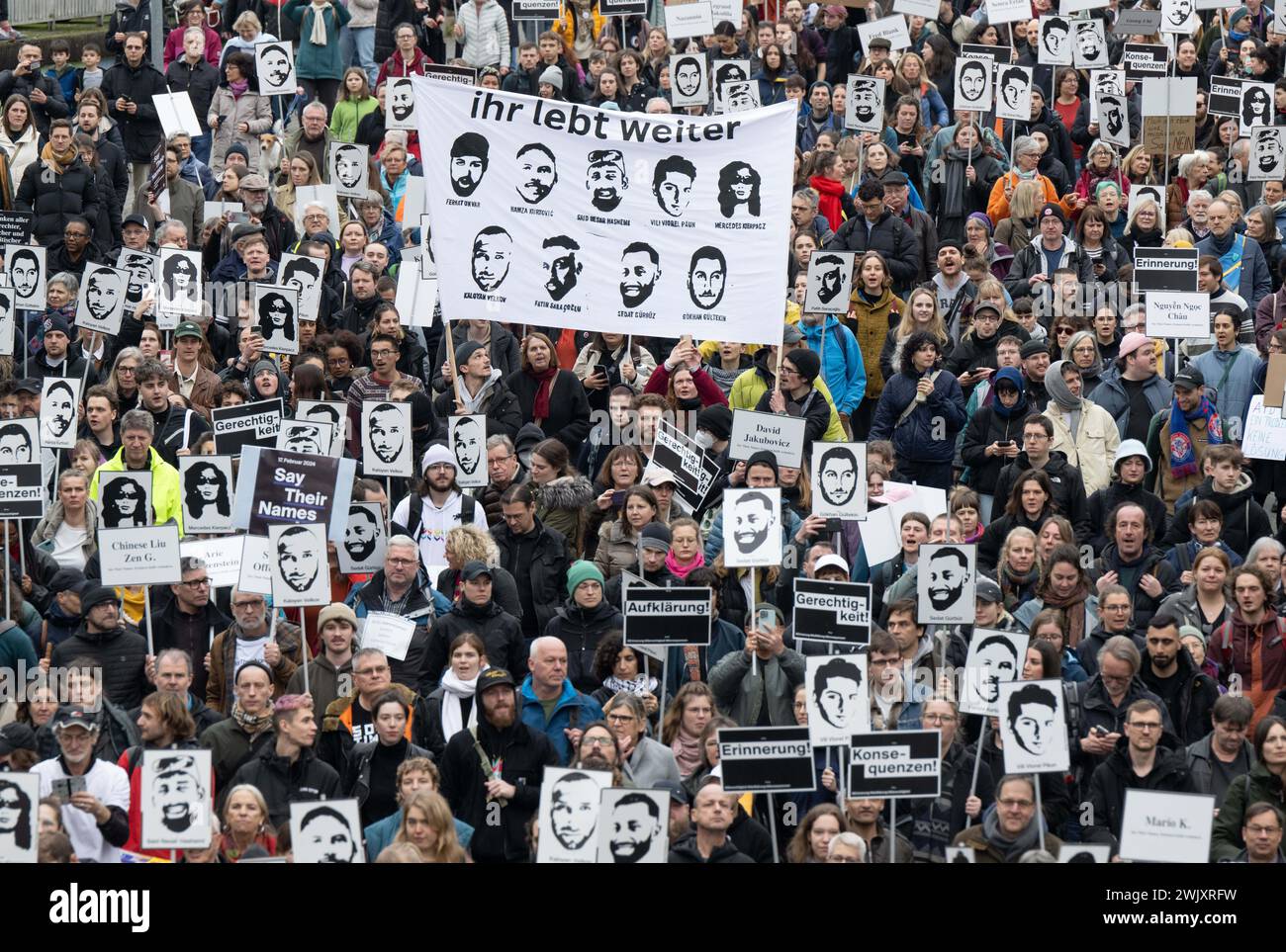 Hanau, Germany. 17th Feb, 2024. Several thousand people march through the city center to ...